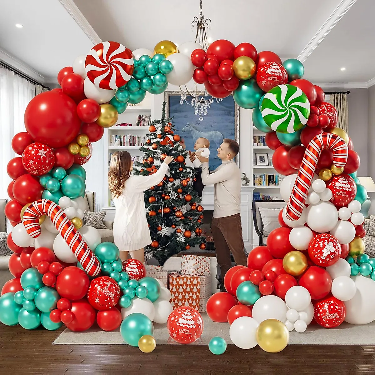 AobkDeco 153PCS Christmas Balloon Garland Arch Kit Red White Gold balloons Candy Foil Balloons Candy Cane Balloons Printing Snowflake Balloons for Christmas Party Decorations