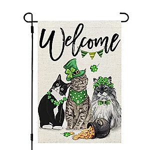 CROWNED BEAUTY St Patricks Day Cats Garden Flag 12x18 Inch Double Sided for Outside Small Burlap Green Shamrocks Clovers Welcome Yard Holiday Flag CF723-12