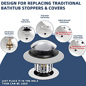 Universal Tub Stopper Bathtub Drain, Drain Hair Catcher and Cover, Pop Up Tub Stopper Bathtub Drain Plug Cover Replaces Bath Tub Lift and Turn, Tip-Toe and Trip Lever Bathtub Drains (Silver)