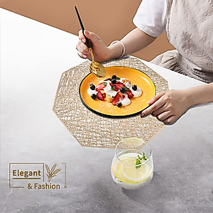 FYY Placemats, Placemats Set of 6 for Dining Table, Washable Octagonal PVC Place Mats Durable Kitchen Table Mats, Set of 6 Gold