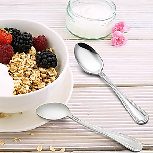 E-far Stainless Steel Teaspoons Set of 12, 6.7 Inch Pearled Edge Small Dessert Tea Spoons Silverware for Home, Kitchen and Restaurant, Non-toxic, Mirror Polished, Dishwasher Safe