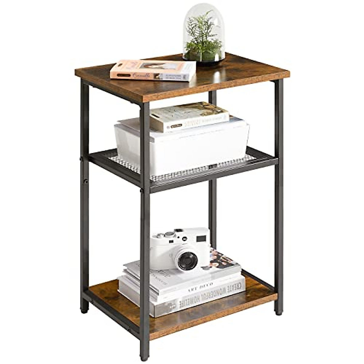 IBUYKE Side Table,3-Tier End Table, Industrial Nightstand Small Table with Storage Shelf, for Bedroom, Living Room, Hallway, with Metal Frame,Rustic Brown UTMJ403H