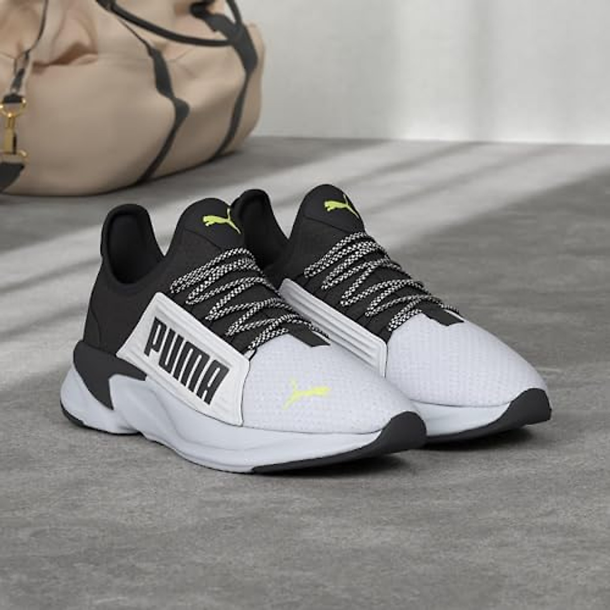 PUMA Men's SOFTRIDE PREMIER SLIP-ON Sneaker, Puma White-Puma Black-Yellow Alert, 9