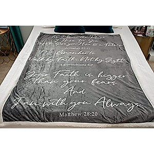 Double Creek Multi Scripture Throw Blanket Ultra Soft Sherpa Microfleece Inspirational Verses Jeremiah 29:11, Corinthians 5:7, Matthew 28:20, Comfort Blanket 50"x 60" Get Well Gift Men Women (Gray)