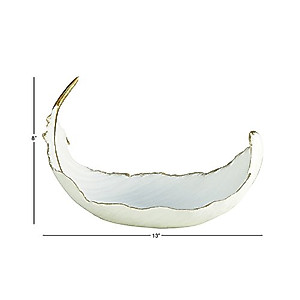 CosmoLiving by Cosmopolitan Polystone Bird Curved Feather Decorative Bowl with Distressed Gold Accents, 13" x 8" x 8", White, SMALL SIZE