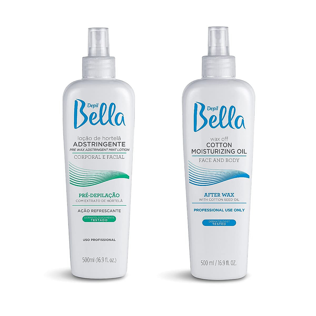 Depil Bella Skin Care Products, Two Pack, Pre Waxing Astringent Lotion (500 ml), Post Waxing - Oil Moisturizing Remover (500 ml).
