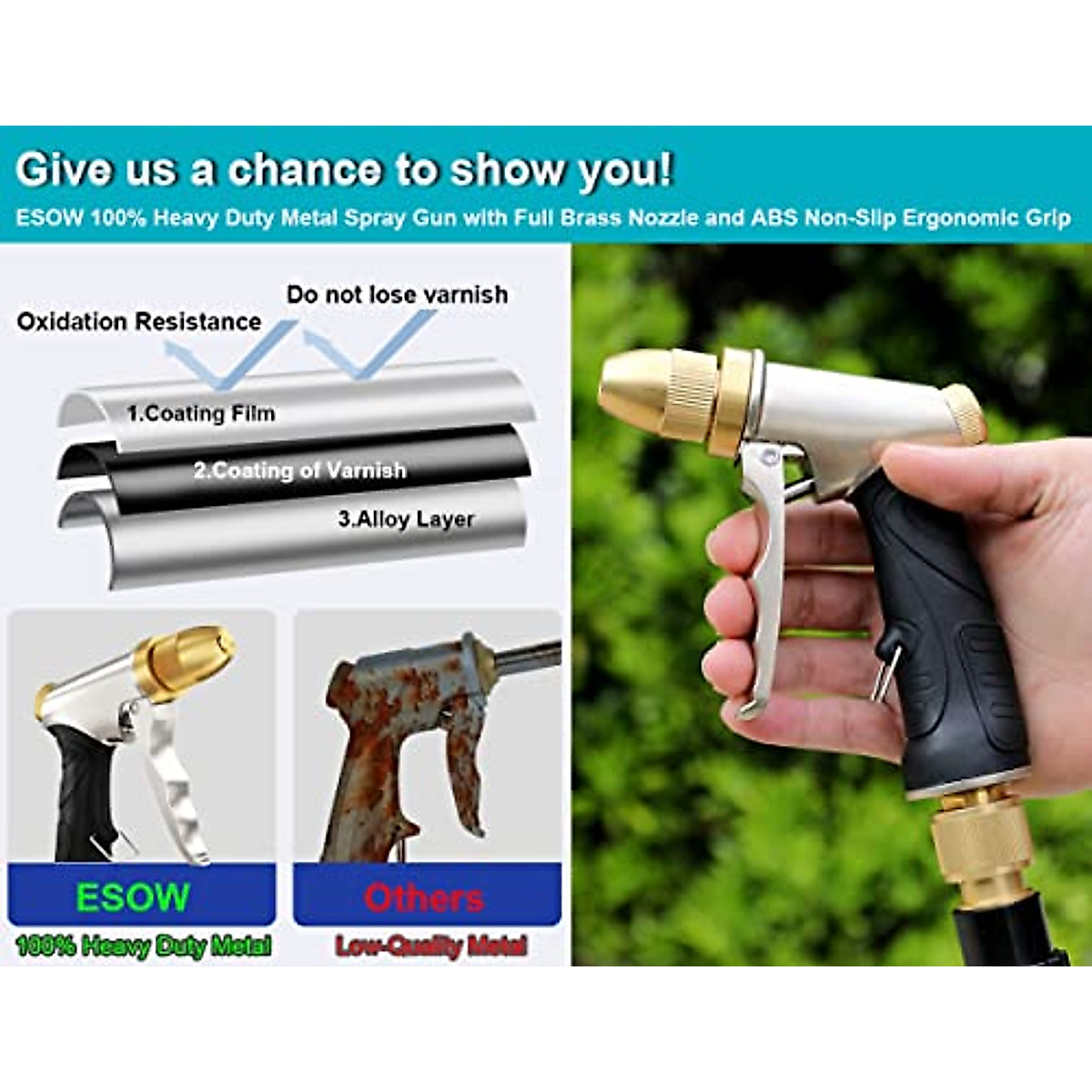 ESOW Garden Hose Nozzle 100% Heavy Duty Metal, Full Brass Nozzle & ABS Non-slip Ergonomic Grip, 4 Watering Patterns, High Pressure Metal Spray Gun for Watering Plants, Car Wash and Showering Dog