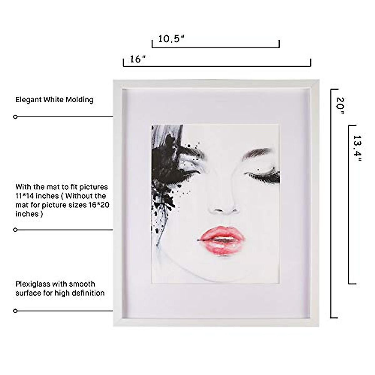 elabo 16x20 White Picture Frame (2 Pack) - High Definition Plexiglass Display Pictures 11x14 with Mat or 16x20 Without Mat - Vertical or Horizontal Wall Mounting