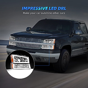 AUTOSAVER88 Headlight Assembly with LED DRL Compatible with 03-06 Chevy Avalanche Silverado 1500 1500HD 2500 2500HD 3500/2007 Silverado Classic Pickup Headlamp Chrome Housing with Turn Signal Lamp