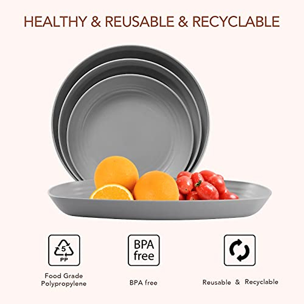 Greenandlife 4pcs/8.8inch Dishwasher & Microwave Safe Dinner Plates - Lightweight & Unbreakable,Non-toxin, BPA free and Healthy for Kids Children Toddler & Adult (grey)