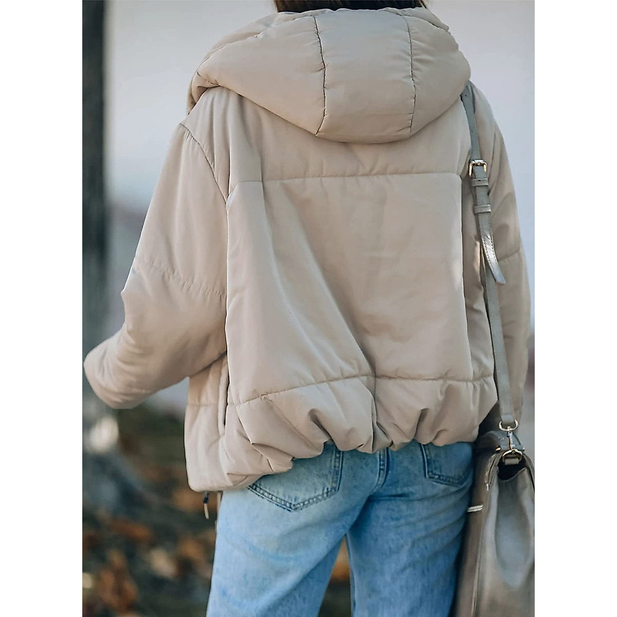 Dokotoo Womens Oversized Fashion Windbreaker Winter Autumn Full Zipper Front Drawstring Hooded Bomber Puffer Jacket Baggy Short Coats for Women Warm Comfy Soft Outerwear with Pockets Beige XL