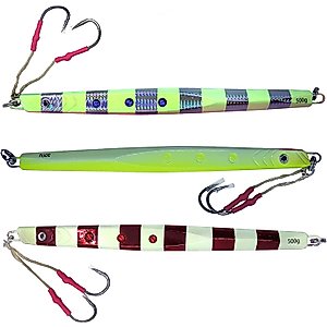 3pcs Glow Fish WOW!® 17.5oz Speed Knife jig 500g Fast Sinking Lure Fishing Vertical Trolling Jigging Fast Fall Metal Flat Bait with Two Assist Hook 3-Color