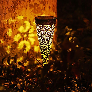 ANGMLN 2 Pack Christmas Decorations, Outdoor Lights Clearance Garden Solar Pathway Lights - Waterproof Decorative Metal Stake Lights with Lacy Cone Pattern for Walkway Yard Steps Patio Lawn