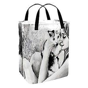Beauty Girl and Cat Print Collapsible Laundry Hamper, 60L Waterproof Laundry Baskets Washing Bin Clothes Toys Storage for Dorm Bathroom Bedroom