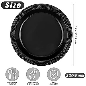 Breroa 300 Pieces Black Plastic Plates 6 Inch Disposable Round Dessert Plates Heavy Duty Appetizer Dinner Party Plates for Events Buffet Wedding Baby Shower Graduation Birthday Party Supplies