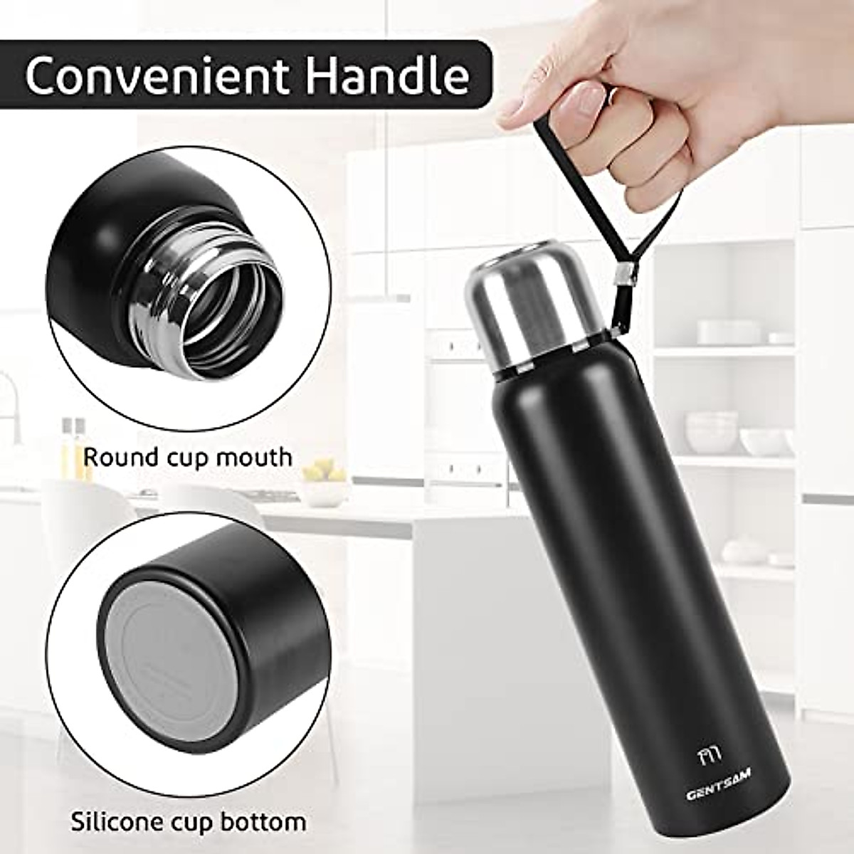 GENTSAM Metal Stainless Steel Insulated Water Bottle Double Walled Leak Proof Vacuum Flask Thermal Mug for Indoor Use (Black, 34oz/1000mL)