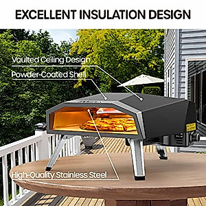 ECOWELL EPO160 Outdoor Oven-16 Gas, Propane Ovens for Outside with Pizza Stone/Peel/Cutter, Infrared Thermometer and Portable Waterproof Cover, Black