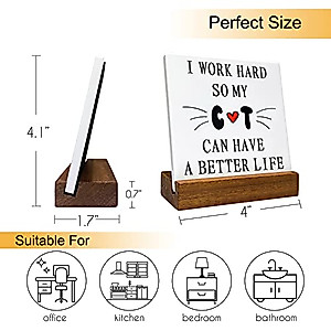 QiCHo Inspirational Sign For Desk, Fun Office Decorations, Gifts For Cat Lovers, Novelty Birthday Gifts, Office Positive Plaque, Xmas Present - I Work Hard So My Cat Can Have A Better Life, With Wooden Stand