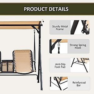 Outsunny 2-Seat Patio Swing Chair, Outdoor Canopy Swing Glider with Pivot Storage Table, Cup Holder, Adjustable Shade, Bungie Seat Suspension and Weather Resistant Steel Frame, Beige