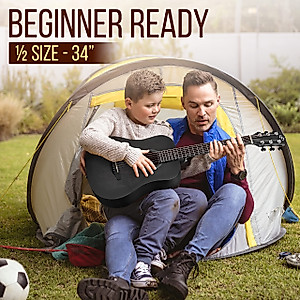 Pyle Acoustic Guitar Kit, 1/2 Junior Size All Wood Steel String Instrument for Beginner Kids, Adults, 34" Black Matte