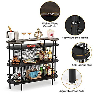 Tribesigns Bar Unit for Liquor, 4 Tier Bar Table with Storage Shelves and Foot Rail, Corner Mini Bar Cabinet with Wine Glasses Holder for Home/Kitchen/Bar/Pub, Black and Walnut