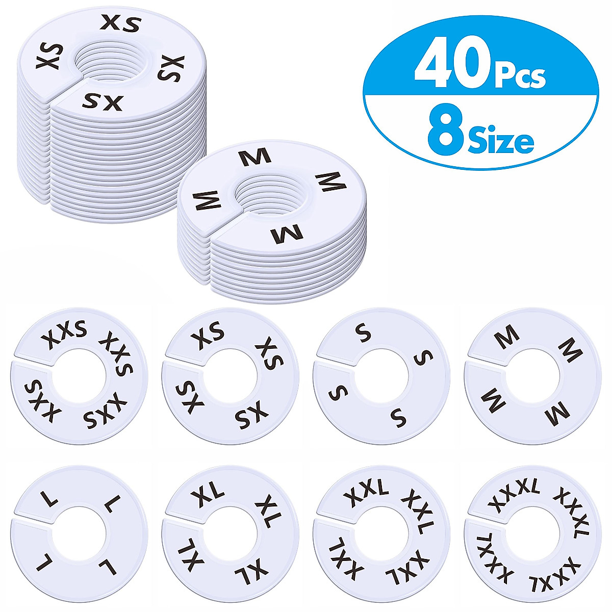 40 Pack Round White Plastic Clothing Size Closet Rack Dividers Hangers, Preprinted in 8 Sizes XXS, XS, S, M, L, XL, XXL, XXXL (Outer 3.5”, Inner Diameter 1.38”)