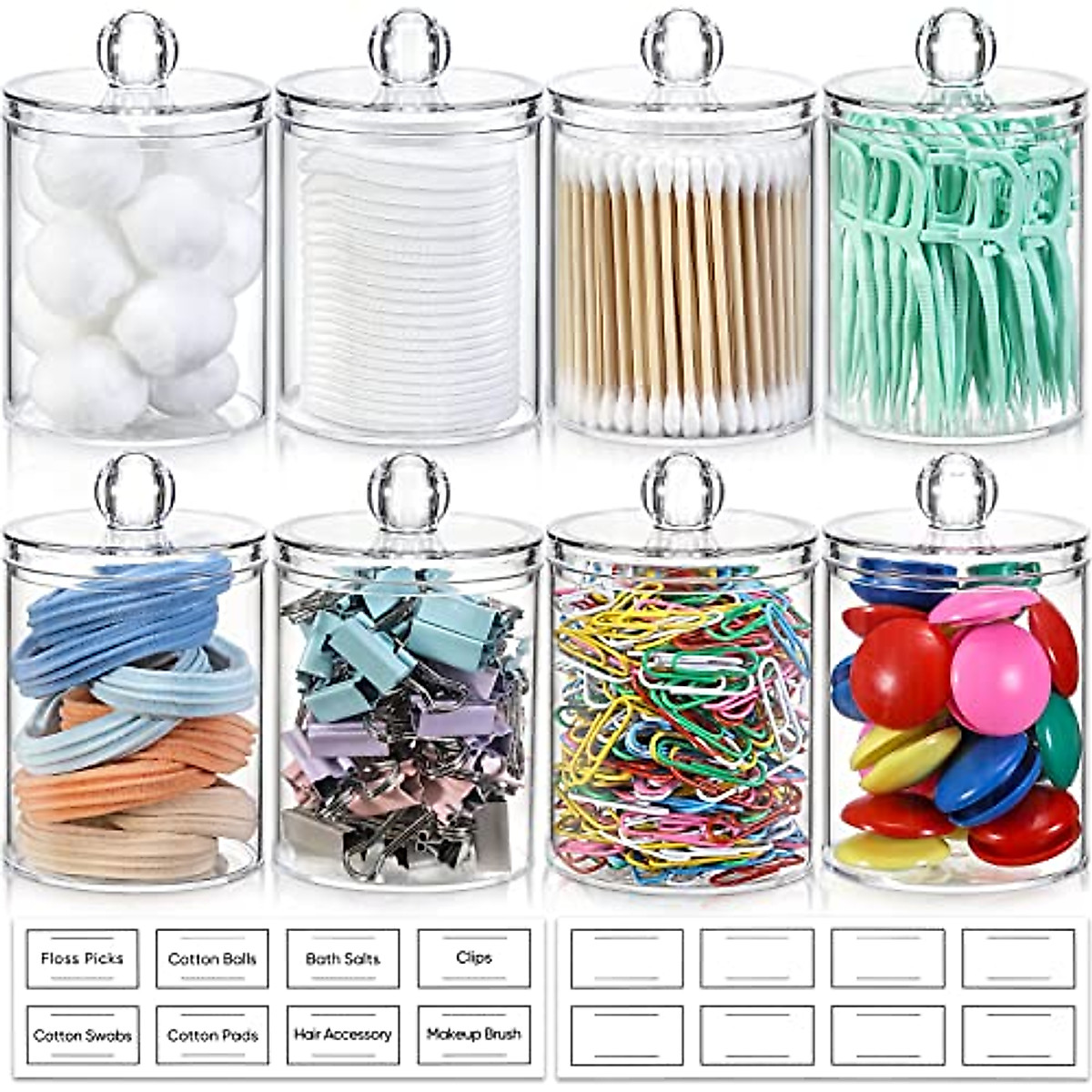 8 Pack Qtip Holder Dispenser with Lids & Labels, Cotton Ball, Cotton Swab, Cotton Round Pads, Floss Storage Canister - Clear Plastic Apothecary Jar for Bathroom Vanity Makeup Organizer (12oz & 10oz)