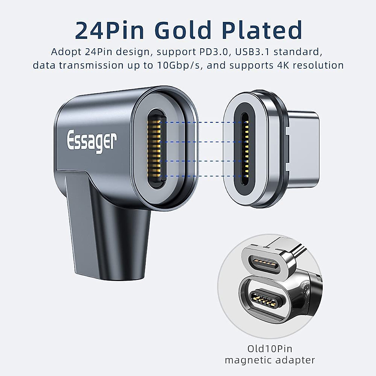 ESSAGER 2Pack USB C Magnetic Adapter 24Pins, Type C Magnetic Connector Support PD 100W USB3.1 Gen2x2 20Gbps Data Transfer 4K@60Hz Video Output