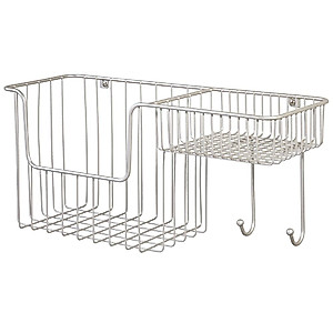 mDesign Metal Wire Wall Mount Entryway Storage Organizer Mail Basket Holder with 2 Hooks, 2 Compartments - for Organizing Letters, Magazines, Keys, Coats, Leashes - Satin