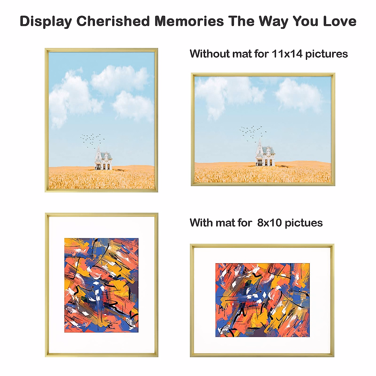 FOLKOR 11x14 Gold Picture Frame with Mat for 8x10, 11 by 14 Metal Frame with Stand, Tabletop or Wall Mounting, 11x14 Photo Frame for Posters/Prints/Landscape/Portrait/Gallery Wall Art (Gold, 1 Pack)