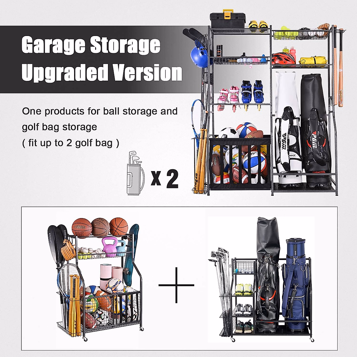 Mythinglogic Garage Sports Equipment Storage, 2 Golf Bag Storage Stand and Other Sports Equipment Storage Rack, Garage Organizer System