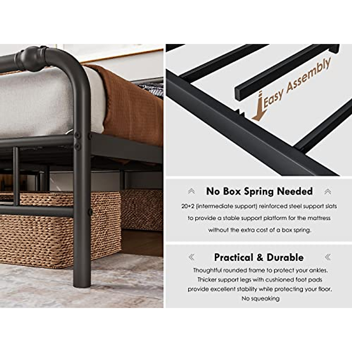 FSCHOS Twin-XL-Bed-Frames-with-Headboard & Footboard, 14 Inch High, Metal Platform XL-Twin-Bed-Frame, Premium Steel Heavy Duty Bed Frame No Box Spring Needed, Easy Assembly, Black