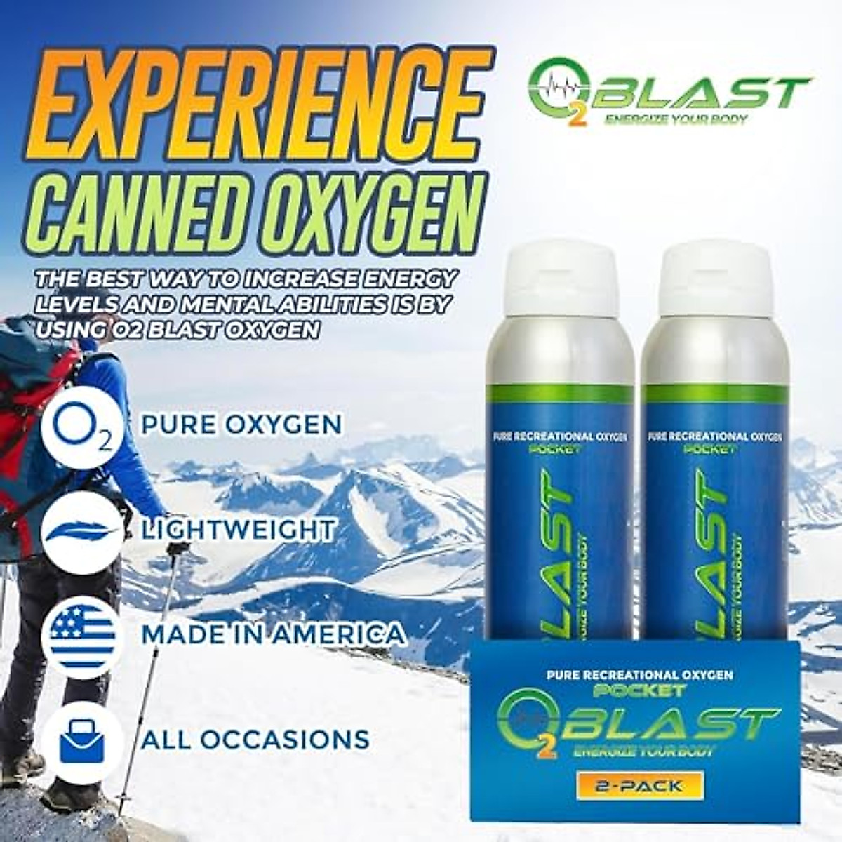 O2 Blast - Pure Oxygen Supplement, Quick Recovery for Exercise and Focus, Sanitary flip top Cap (4 Liter Oxygen Canisters - 2 Pack - Natural)