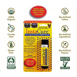 InstaCure Doggy Derma Balm Jumbo-Sized Skin Repair Stick w/Manuka Honey. Soothes & Heals Dog's Dry Cracked Noses, Paws, Bulldog Wrinkles 100% Natural (1-Pack)