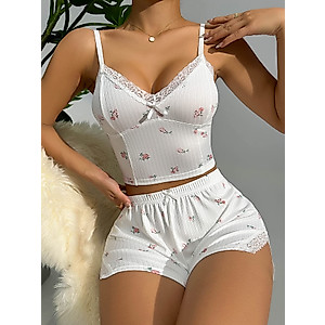 SHENHE Women's Causal Lace Trim Sleepwear Cami Top and Shorts Pajama Sets Floral White L