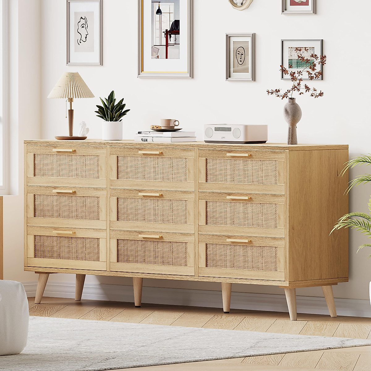 Rovaurx 9 Drawer Double Dresser for Bedroom, Rattan Chest of Dressers, Modern Wooden Dresser Chest with Golden Handles, Beside Table for Closet, Living Room and Entryway, Natural
