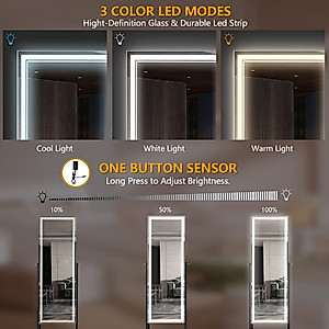 Vlsrka Mirror Jewelry Cabinet Standing with LED, Jewelry Mirror Full Length with Built-in Makeup Mirror & Lights, Large Jewelry Armoire Cabinet for Earrings Necklaces Cosmetic (White)