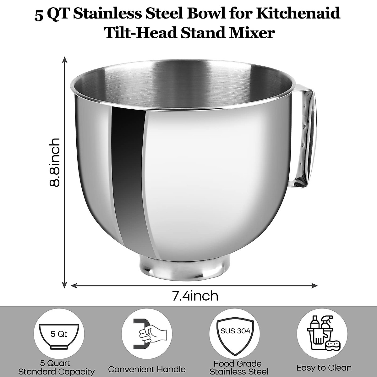 Stainless Steel Bowl Compatible with Kitchenaid Mixer 4.5/5QT，5 Quart Stainless Bowl for Kitchen Aid Mixing