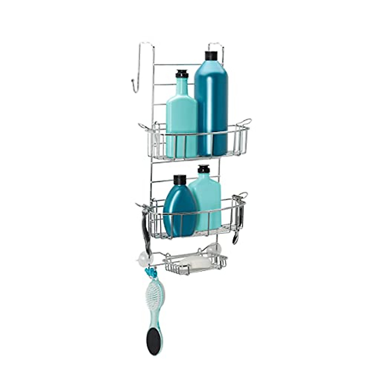 Zenna Home Hanging Shower Caddy, Over the Door, Rust Resistant, with 2 Storage Baskets, Soap Dish, Razor Holders and Hooks, Bathroom or Kitchen Shelf Organizer, No Drilling, Chrome