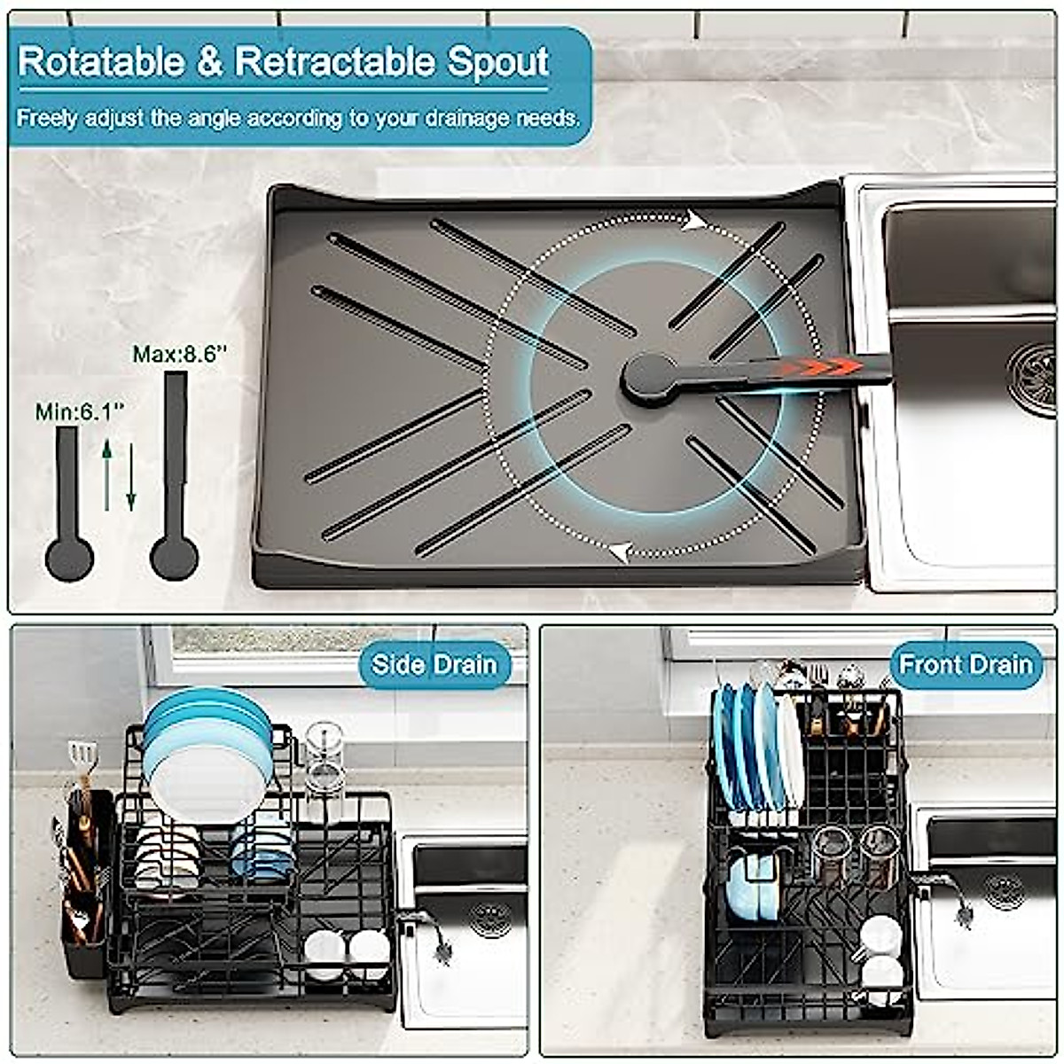 Dish Drying Rack Large Dish Rack, 2 Tier Dish Racks for Kitchen Counter, Extra Roll-Up Kitchen Sink Drying Rack, Rustproof Stainless Steel Dish Drainer with Drainboard Set Utensil Holder Cup Rack