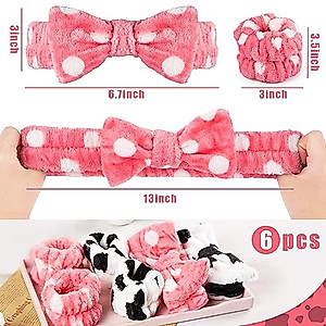 Shindel 6PCS Makeup Headband Set, Bow Hair Bands with Wristbands Coral Fleece Face Wash Headbands for Women Spa Makeup Shower Skin Care Yoga