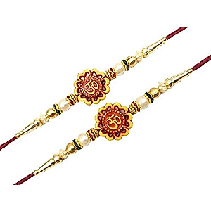 Rakhi Traditional for Brother Sister, Multi Color Beautiful & Fancy Designer Thread Raksha Bandhan Rakhi Gift (Design1 - Flower OM Rakhi Set of 2, Small)