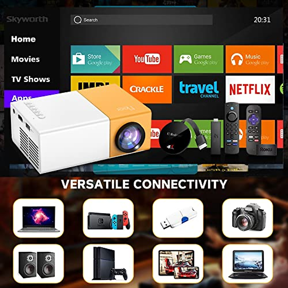 Projector,Meer Mini Projector,Portable Movie Projector,Neat Home Projector,Compatible with iPhone,Android,Windows,Firestick,PS5,Laptop,Tablet,Provide HDMI,USB,Earphone,AV Port and Remote Controller