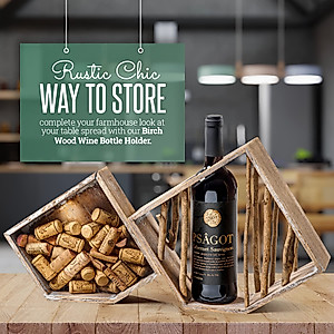 Wine Bottle Holder - Rustic Birch Wood Single Wine Bottle Rack with Cork Holder - Freestanding Wooden Countertop Display Case w/ Branch Accents and Clear Cover, Handmade Gift Decor for Bar or Kitchen