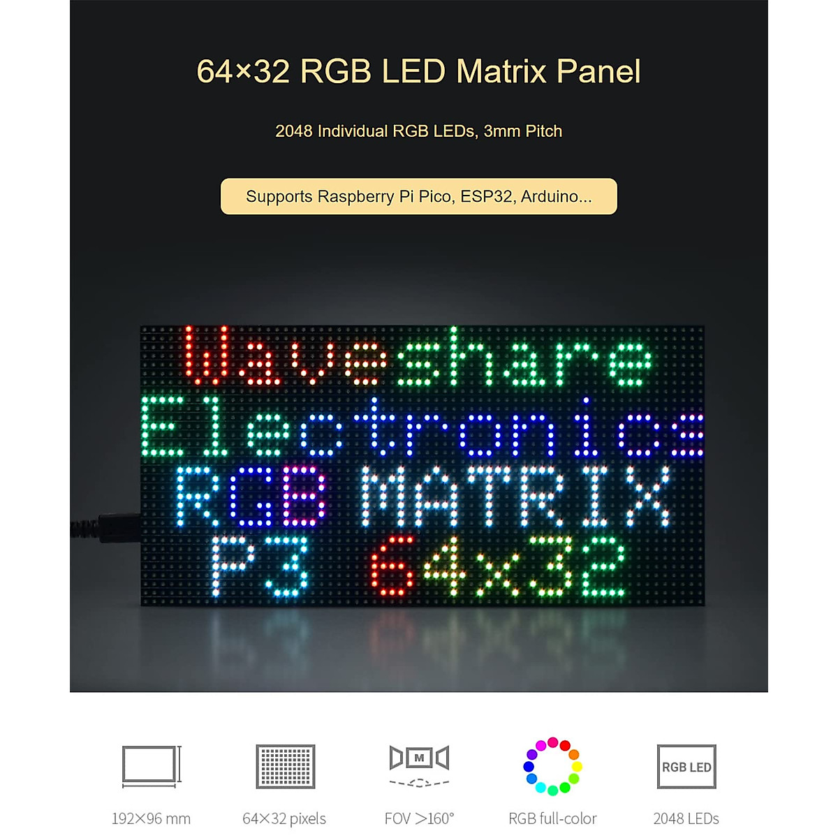 LED Matrix Panel 64x32 Compatible with Arduino Raspberry Pi ESP32, 3mm Pitch 2048 Dots RGB LEDs Module Bare Screen, Allow The Display of animations of Colorful Text Images (192mm×96mm)