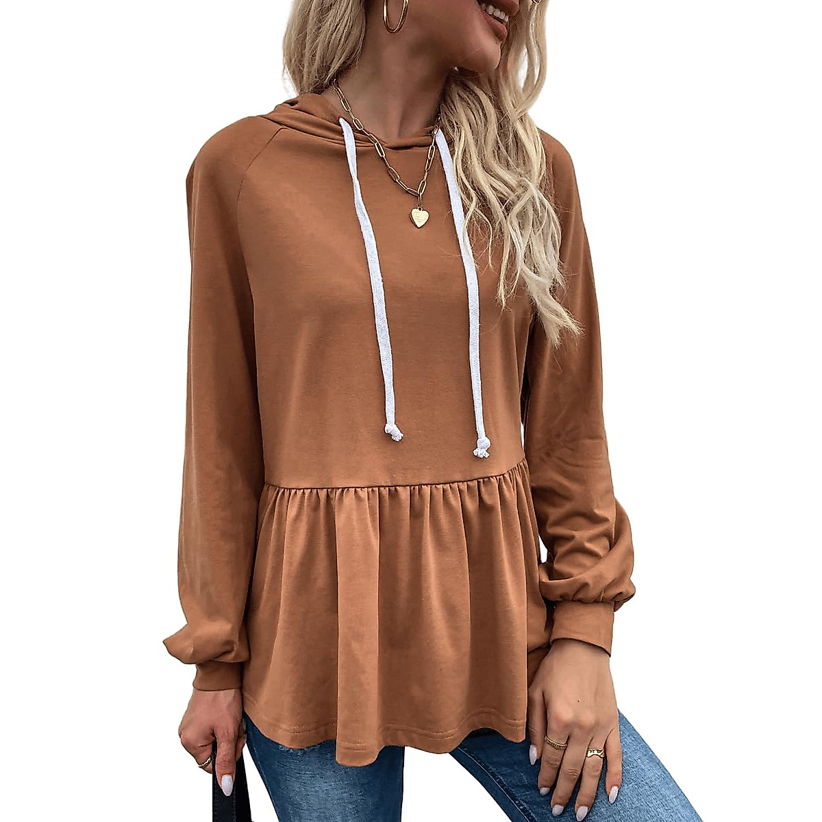 YOXUA Womens Casual Hoodies Peplum Tops, Long Sleeve Lightweight Drawstring Sweatshirt Jacket Pullover Shirts Blouse Coffee