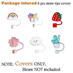 6pcs Straw Cover Cap Reusable Silicone Straw Toppers - Cute Dust-Proof Drinking Straw Tips Lids for 6-8mm Straws - Strawberry, Rainbow, Cloud, Cactus, Pink Sakura (straw covers cap 6 in 1)