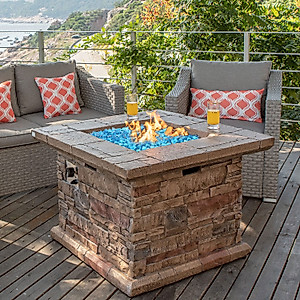 COSIEST Outdoor Propane Fire Pit Table w Faux Brown Ledgestone 32-inch Square Fire Table, 50,000 BTU Stainless Steel Burner, Aqua Blue Fire Glass, Fits 20lb Tank Inside