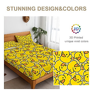 ARIGHTEX Yellow Rubber Duck Fitted Bed Sheet Set Kids Soft Microfiber Breathable Bedding All-Round Elastic Pocket 3 Pieces Fitted Sheet Set for Boys and Girls (Twin)