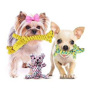 SunGrow Cotton Rope Knot Puppy & Ferret Toys, Tough Teething Chewable Teddy Bear, Giraffe, and Dog, Handwoven for Small Breeds Dog, for Teeth and Gums, Multicolor, 3 Pieces per Pack